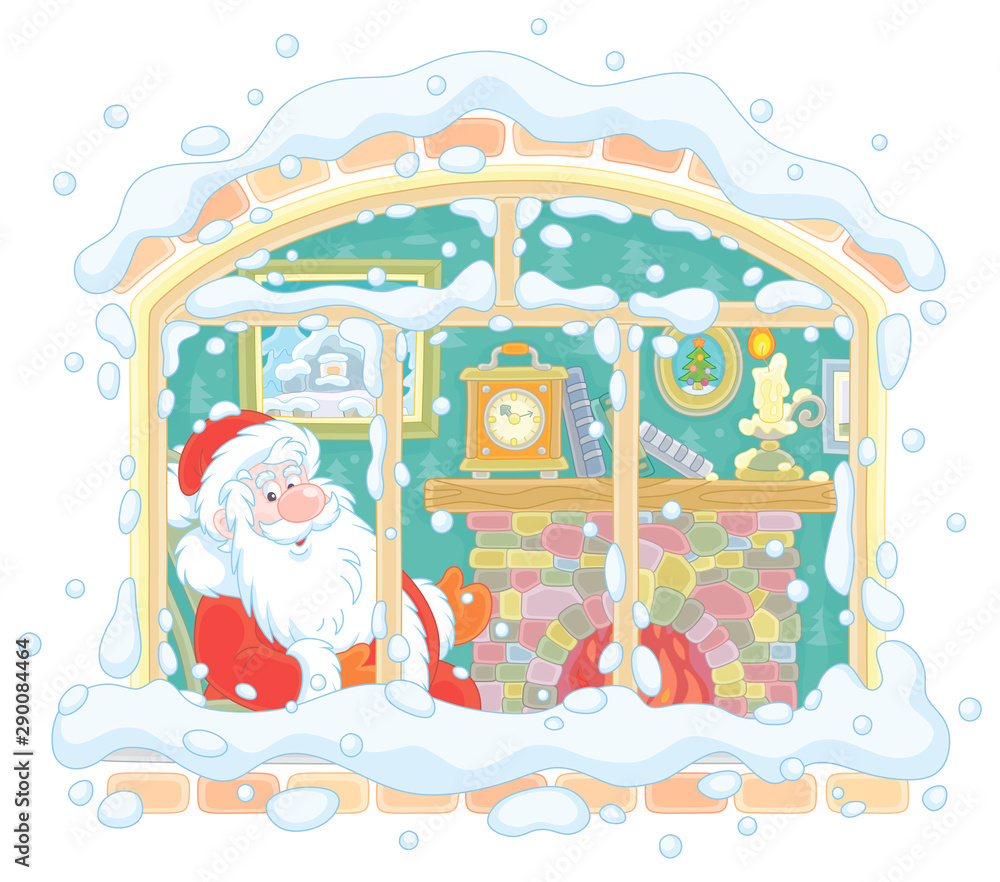Smiling Santa Claus looking through a window and basking by his old ...