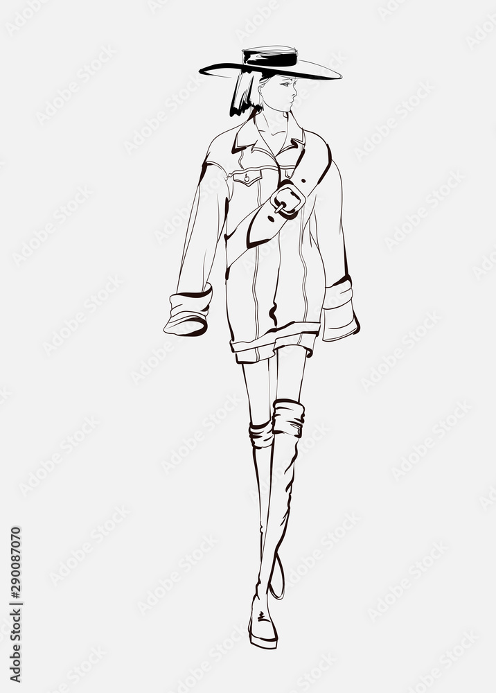 Beautiful young women. Hand drawn fashion girls of black lines on white ...