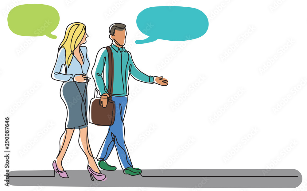 continuous line drawing of two business persons walking together and ...