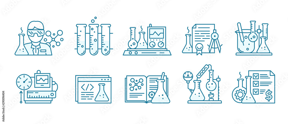 Chemistry science icon set. Education lab background. The production of ...