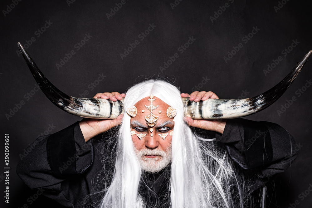 Evil vampire man. Horned Devil in his home - Ancient style. Monster ...