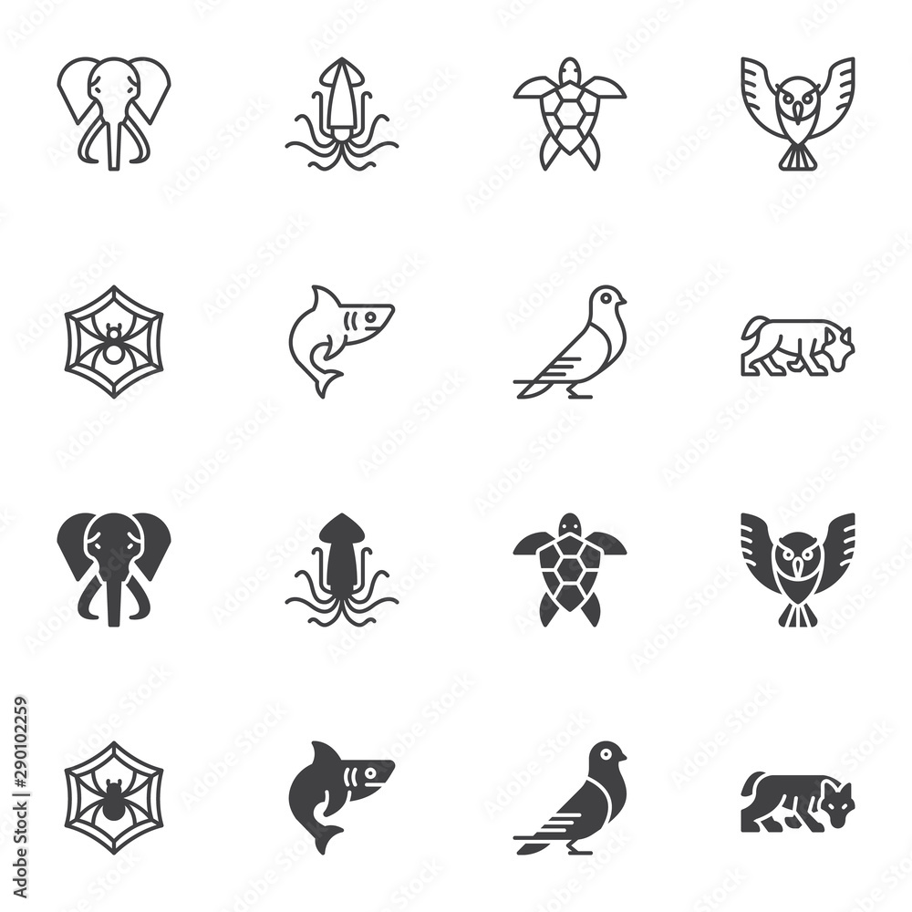Animals icon set, line and glyph version, outline and filled vector ...