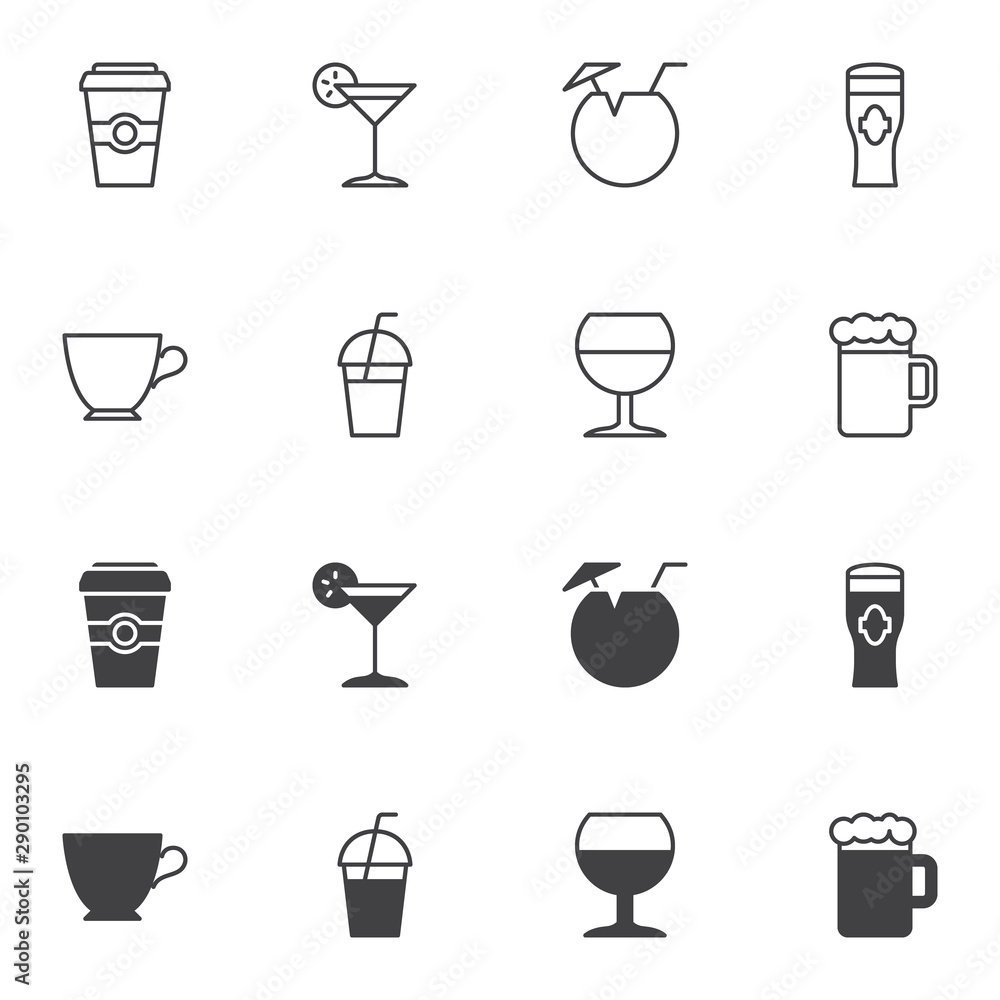 Drink icon set, line and glyph version, outline and filled vector sign ...