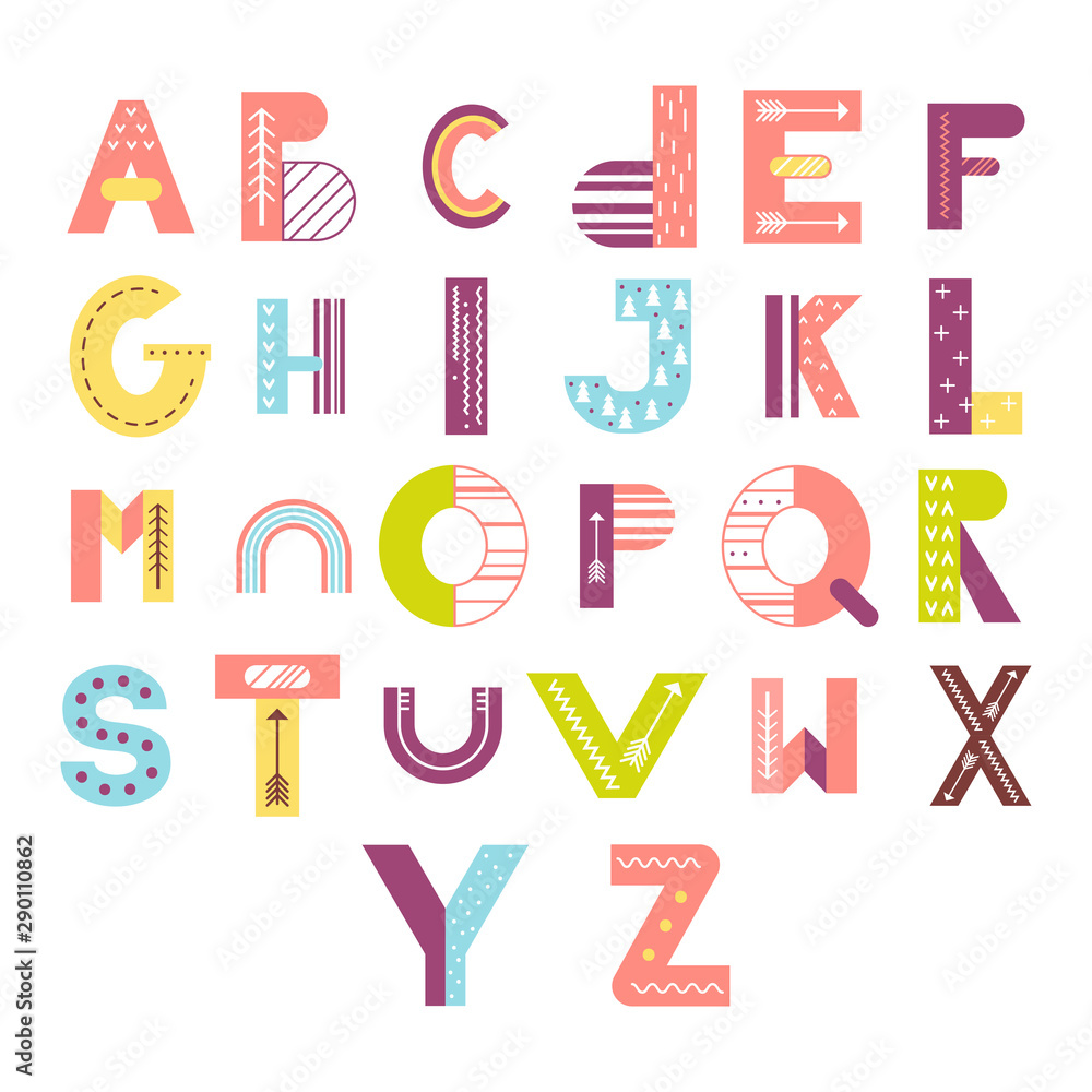 Scandinavian colored alphabet for kids. Cartoon Hand drawn graphic font ...