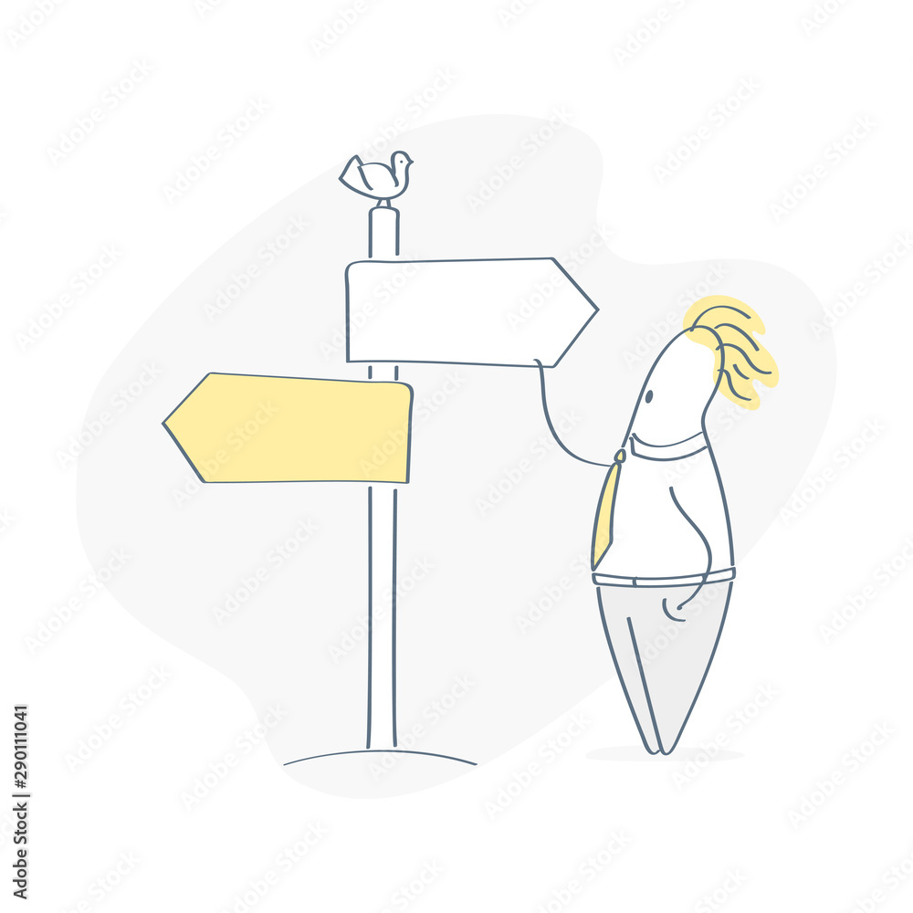 Pointer, crossroad signpost saying this way, that way and lost cartoon ...