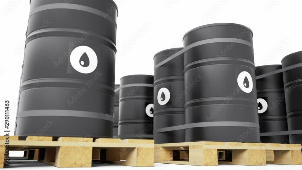 Fuel tanks placed on wooden pallets on white background. Stack of black ...