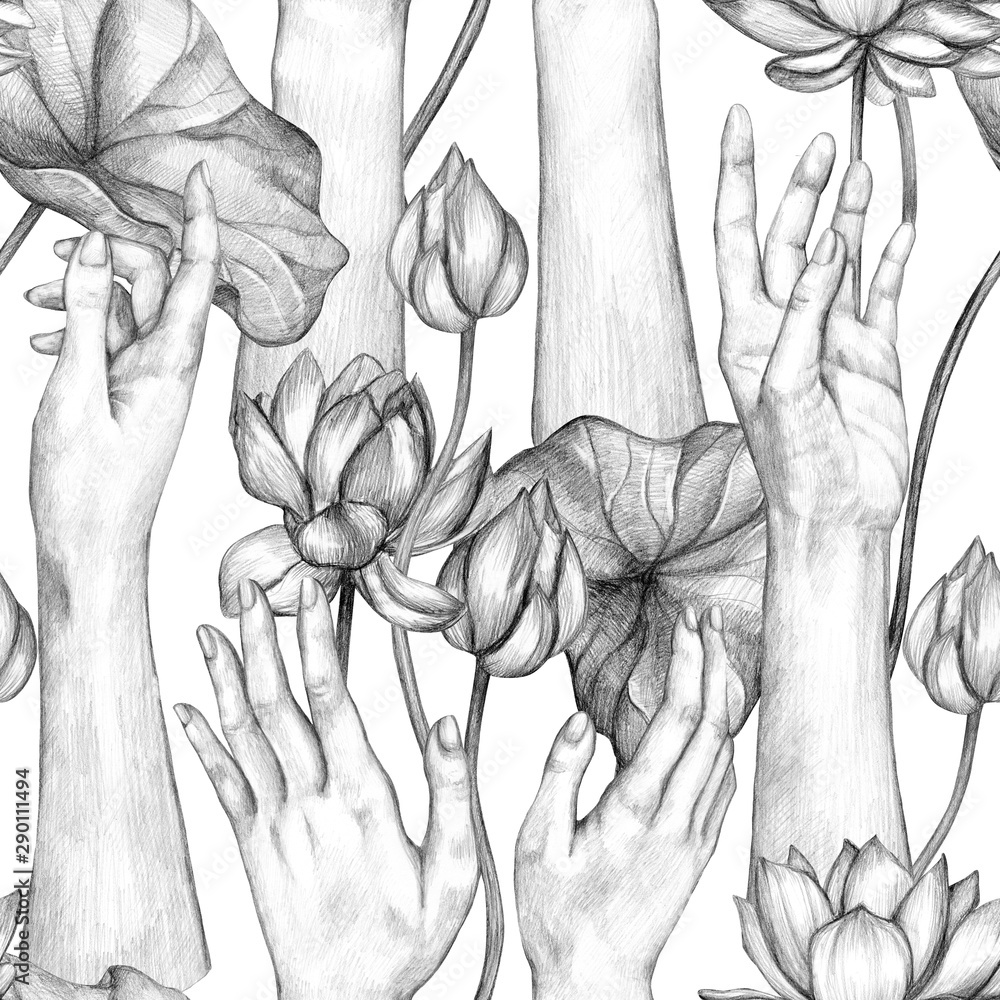 Original seamless pattern. Beautiful gentle hands and lotuses. Pencil ...