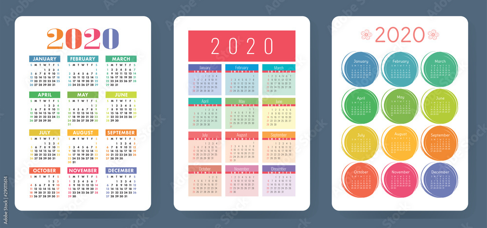 Calendar 2020. Colorful vector set. Pocket calender collection. Week ...
