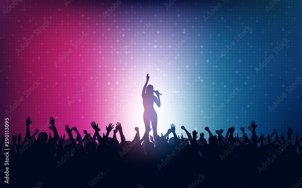 Silhouette of people raise hand up in concert with woman singer on ...