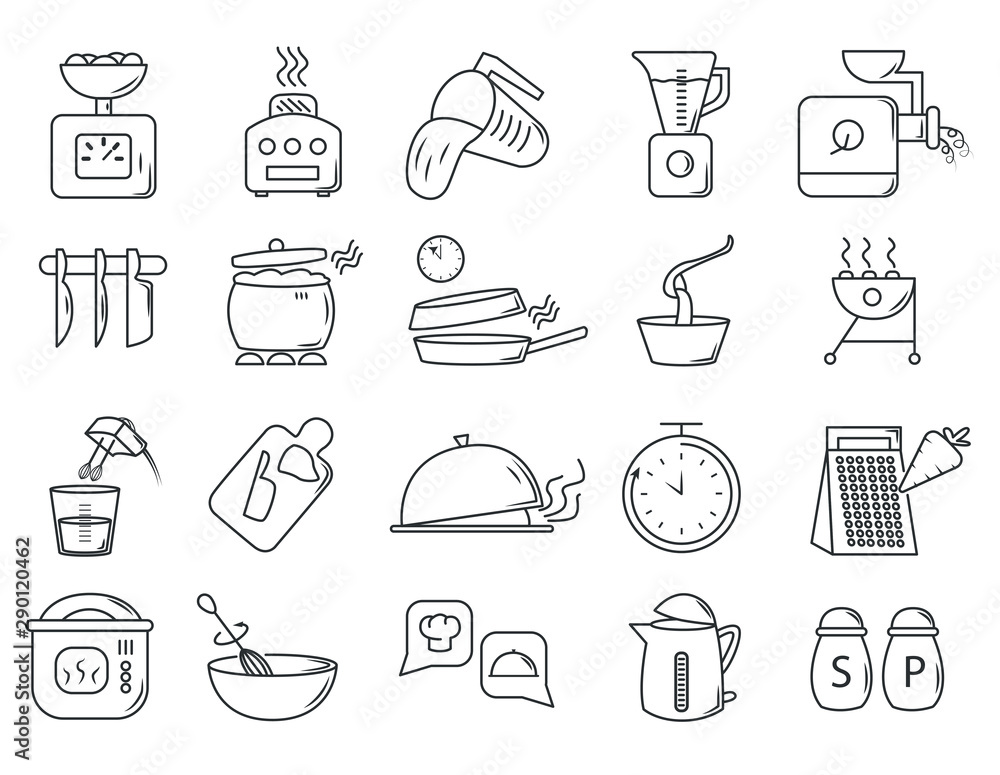 Large set of 20 different restaurant icons showing utensils, appliances ...