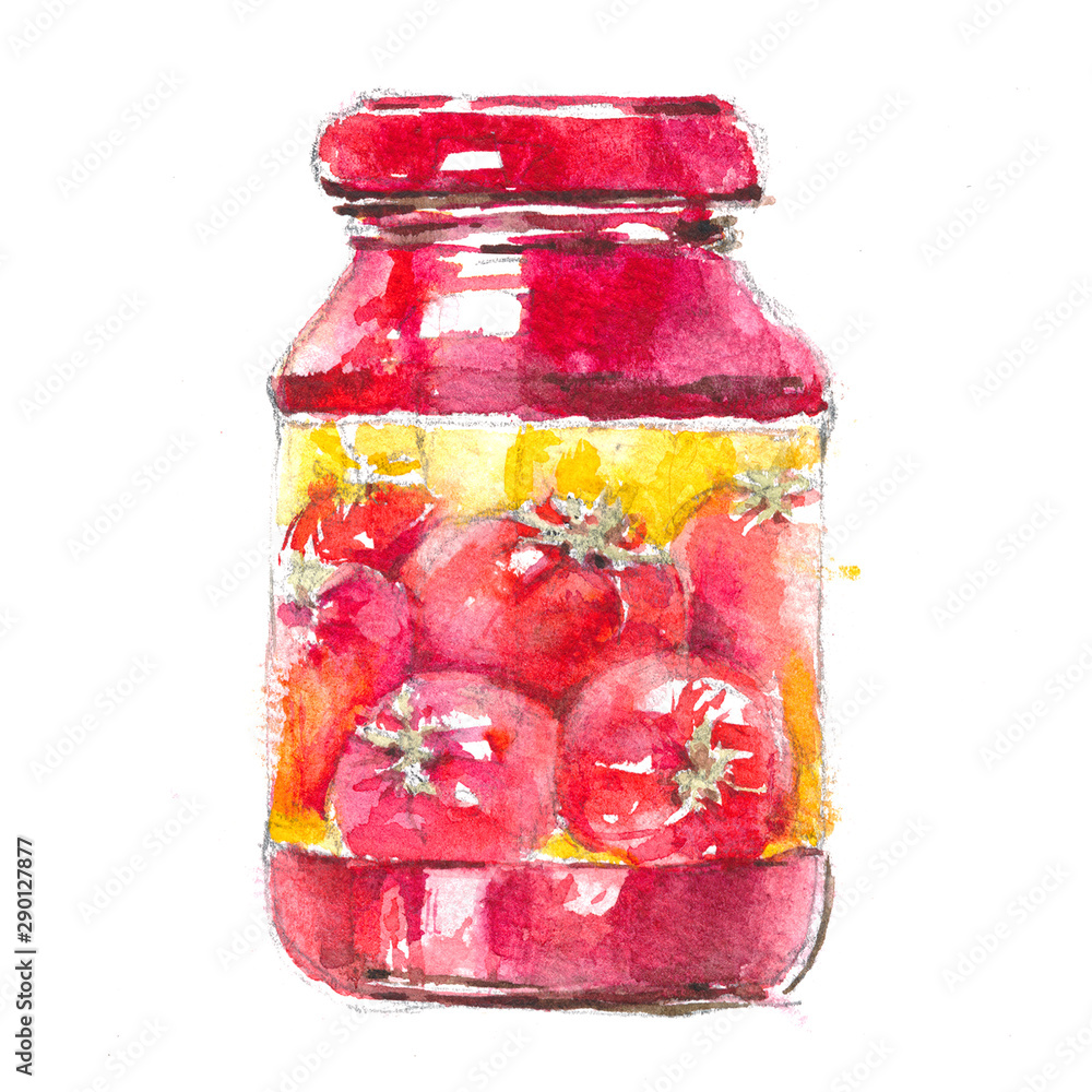 Watercolor realistic illustration, sketch of a can of tomato paste ...