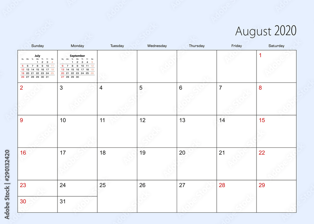 Wall calendar planner for August 2020. English language, week starts ...