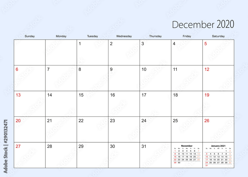 Wall calendar planner for December 2020. English language, week starts ...