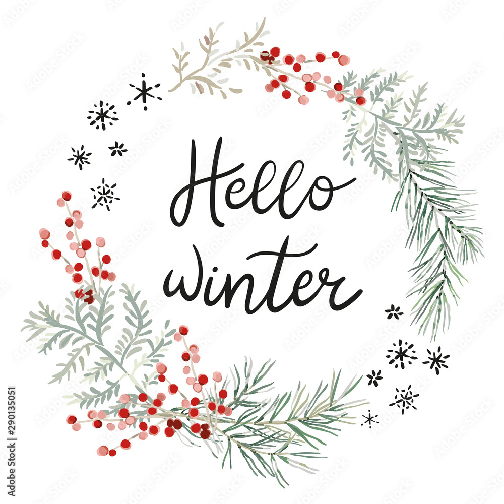 Xmas wreath with text Hello Winter, white background. Green pine twigs ...