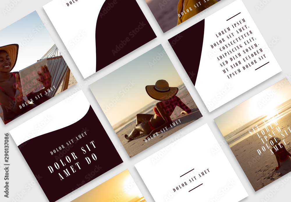 Social Media Grid Layout with Dark Accents Stock Template | Adobe Stock