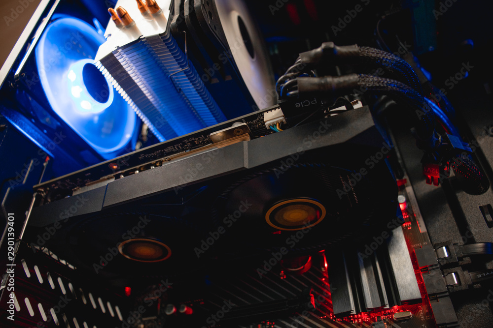 Inside of a professional gaming computer, video graphics card mounted ...