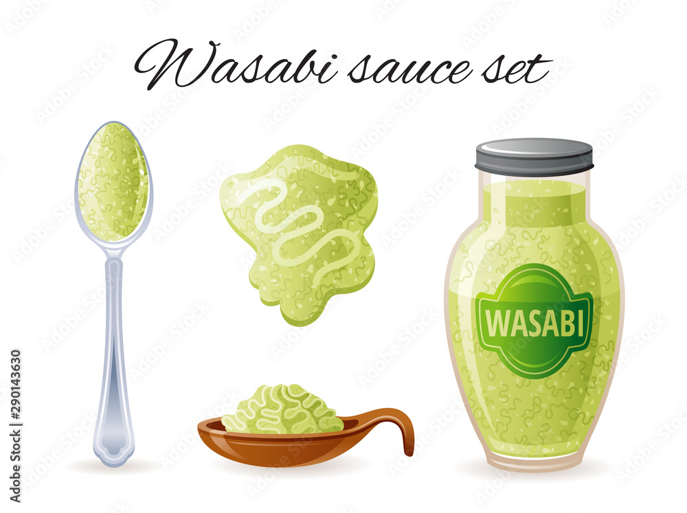 Wasabi asian sauce. Bowl, sauce bottle, spoon, splash. Food icon set ...