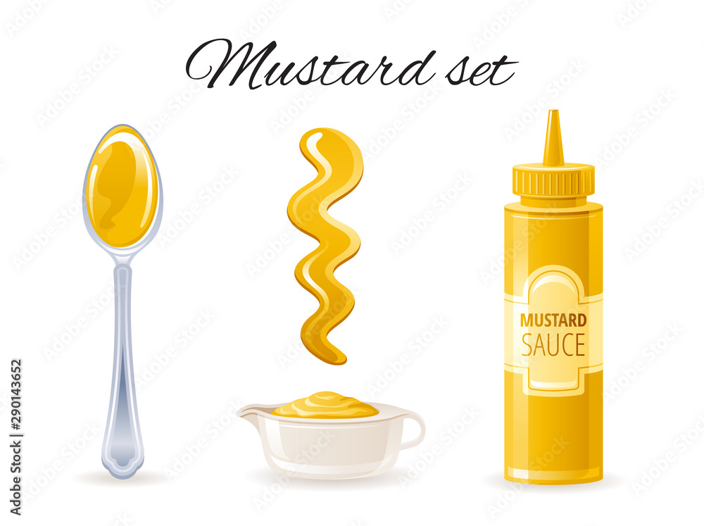 Mustard sauce. Hot american mustard sauce bottle, bowl, spoon, splash ...