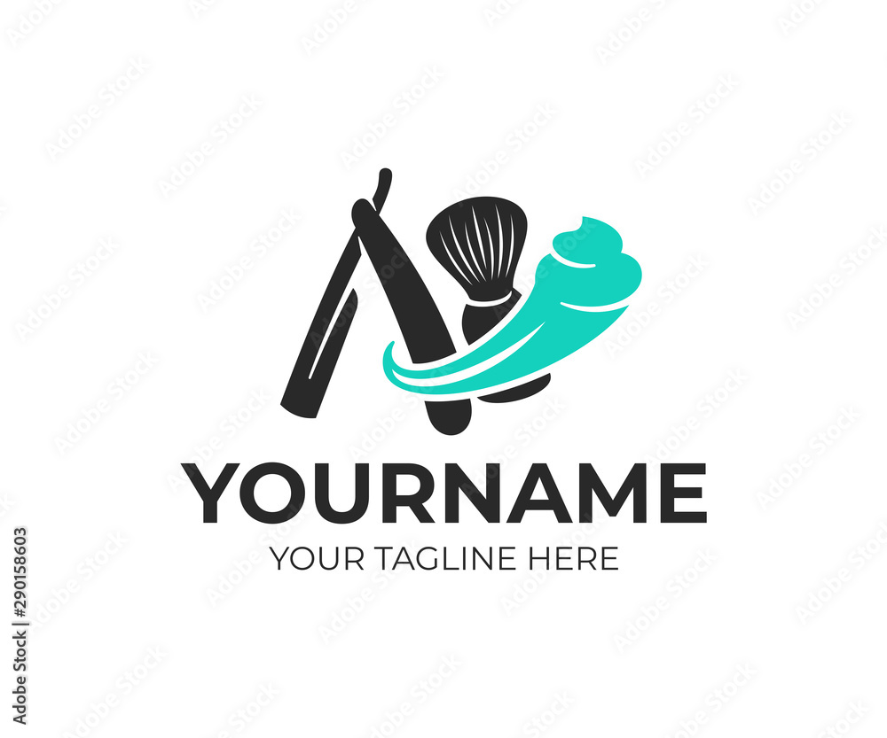 Shaving, shaving brush and straight razor with shaving foam, logo ...