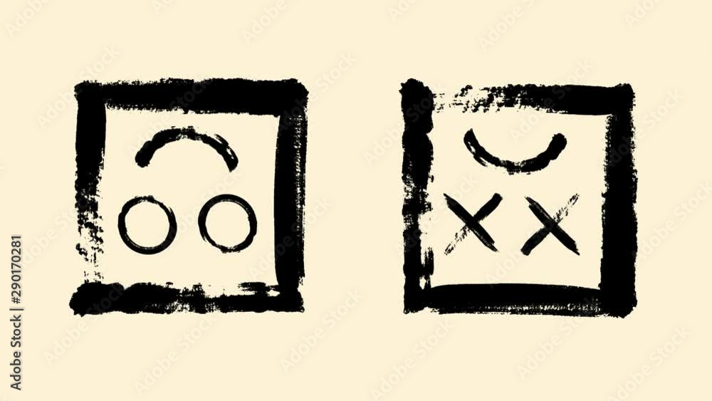 Smiling and sad emoticons in squares on disappearing on beige ...