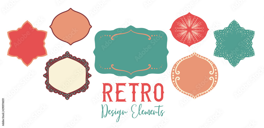 Retro design elements labels and shapes in retro color palette, hand ...