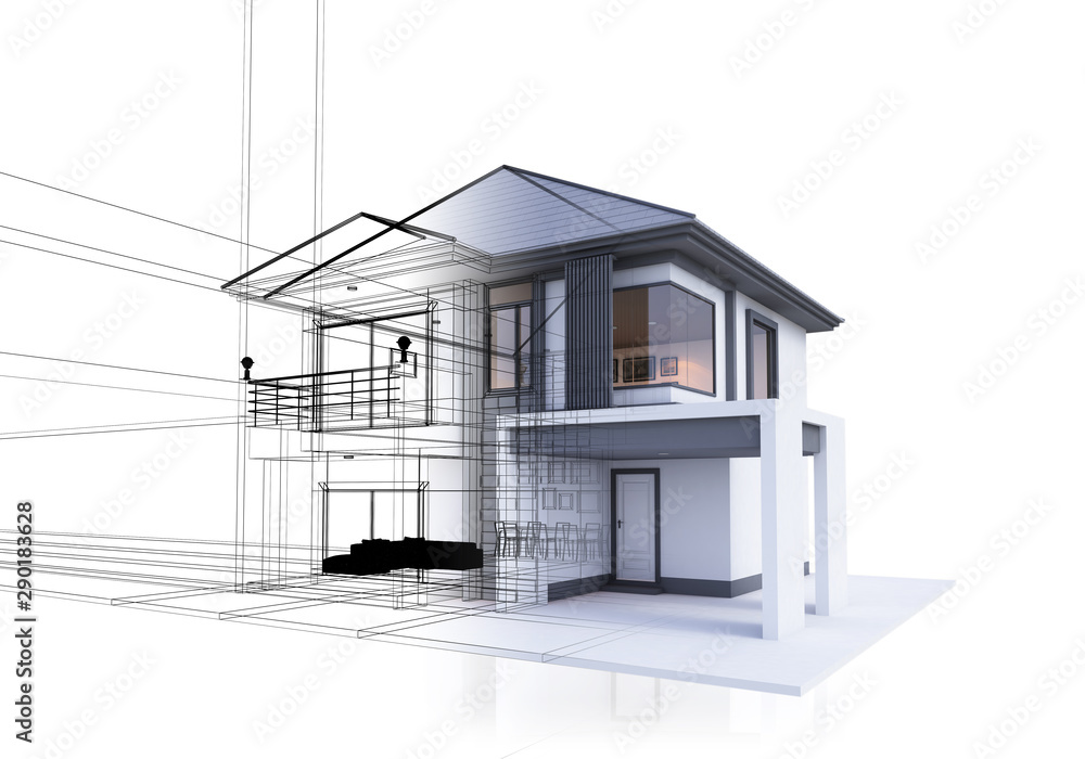 Drawing lines of a 3D render house on a white background for building a ...