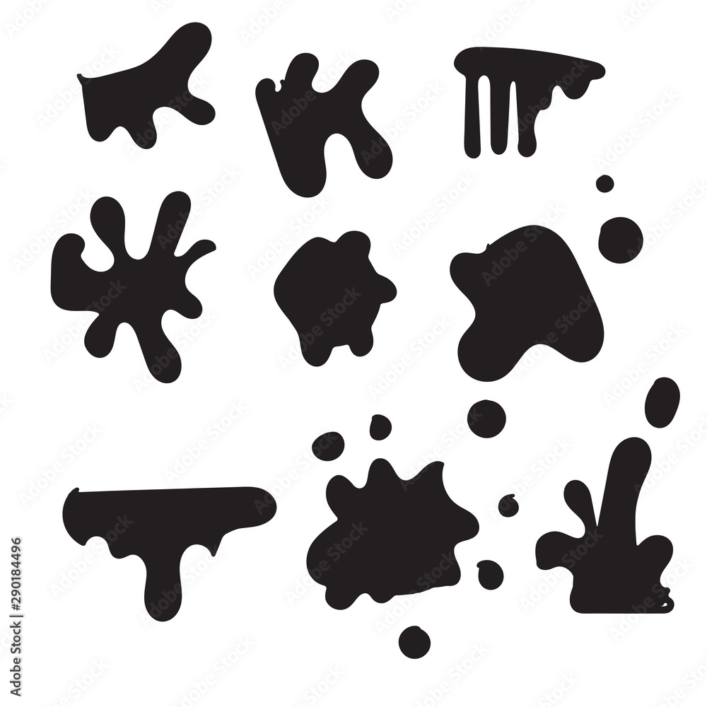 Hand drawn set of paint splatter and blob splash with different shapes ...