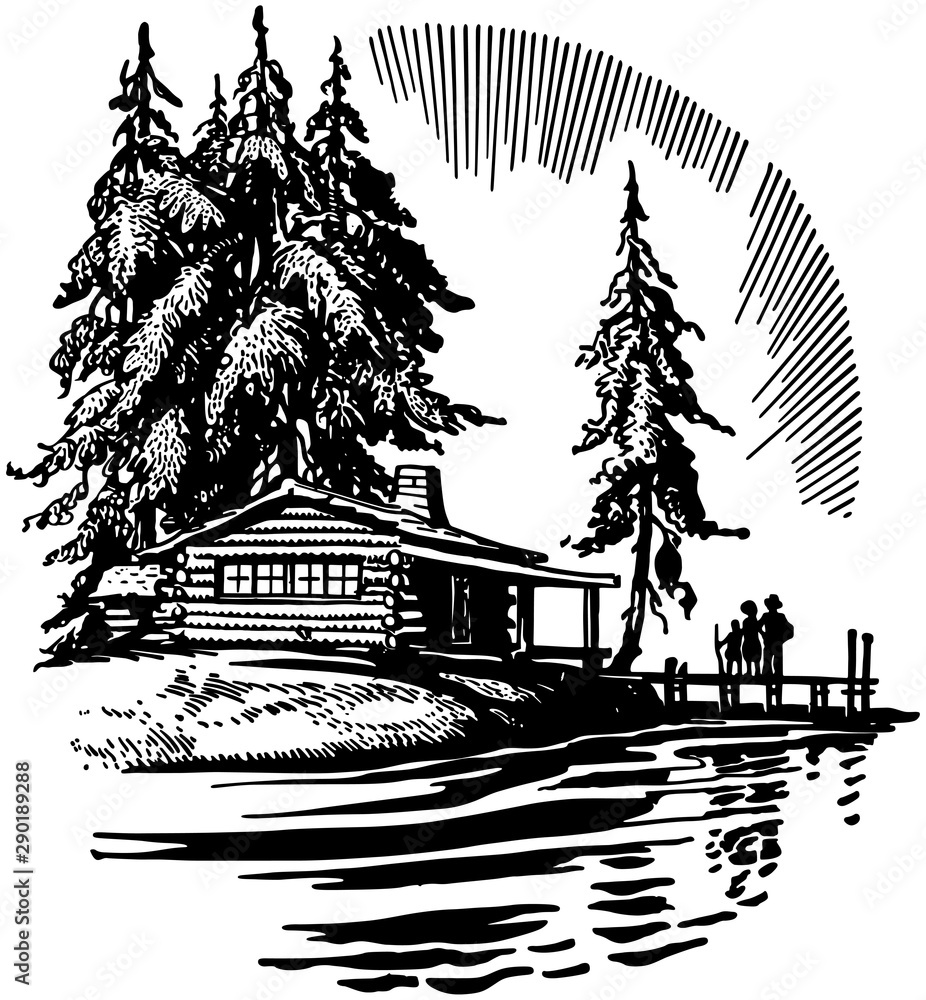 Beautiful Cabin By A Lake Stock Vector | Adobe Stock