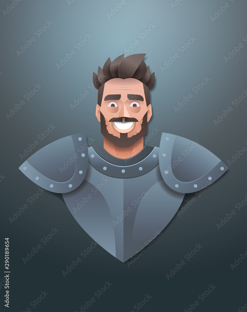 smiling knight face avatar man wearing steel armor portrait trendy ...