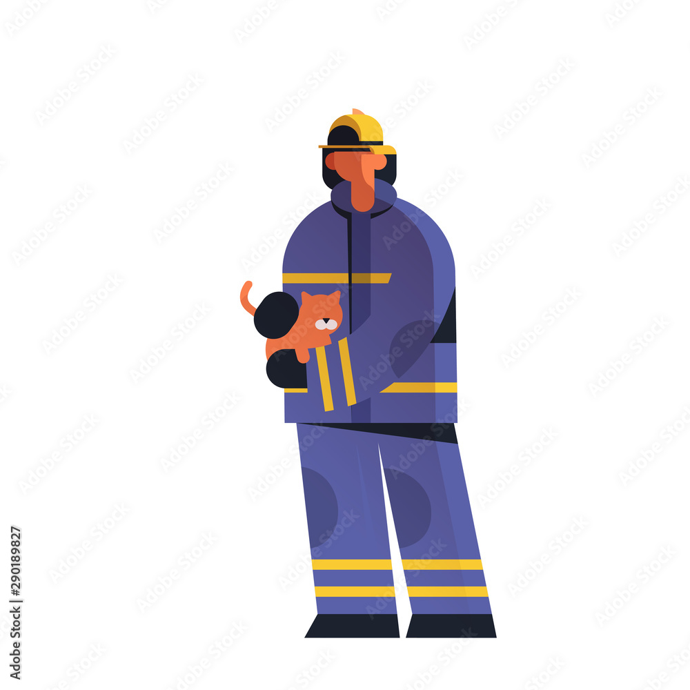 brave fireman rescuing cat firefighter wearing uniform and helmet ...