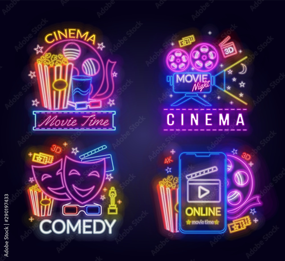 Retro Cinema Night neon sign Realistic sign neon. Cinema light banner ...