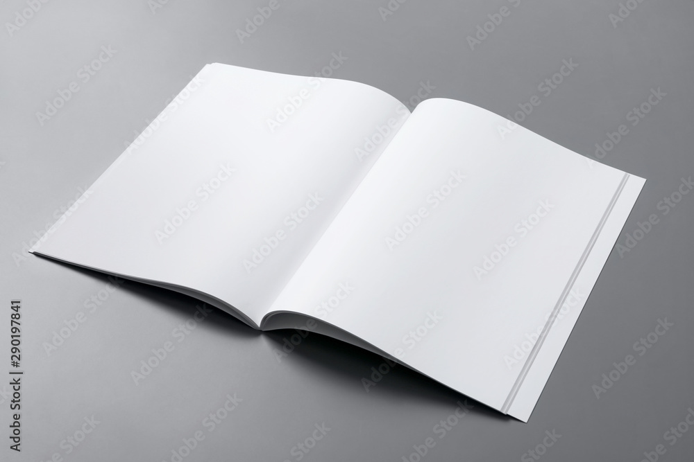 Empty book pages on grey background. Mockup for design Stock Photo ...