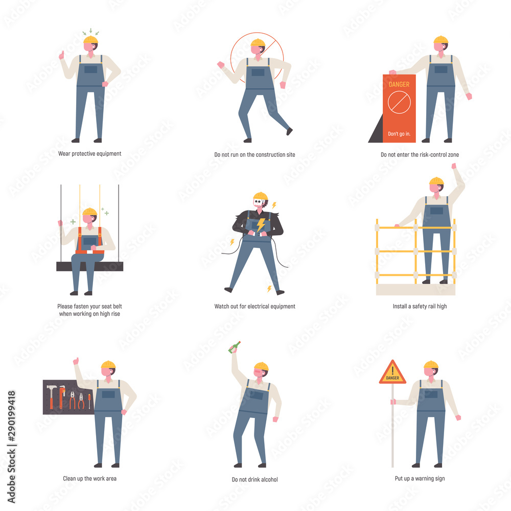 Character explaining safety rules at construction site. flat design ...