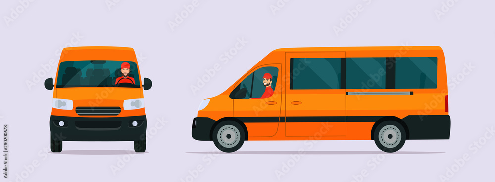 Van car two angle set. Car with driver man side view and front view ...