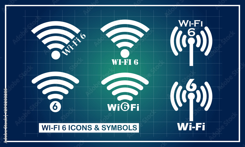 Wi-Fi 6 icons, symbols or logo. Telecommunications latest advancement ...