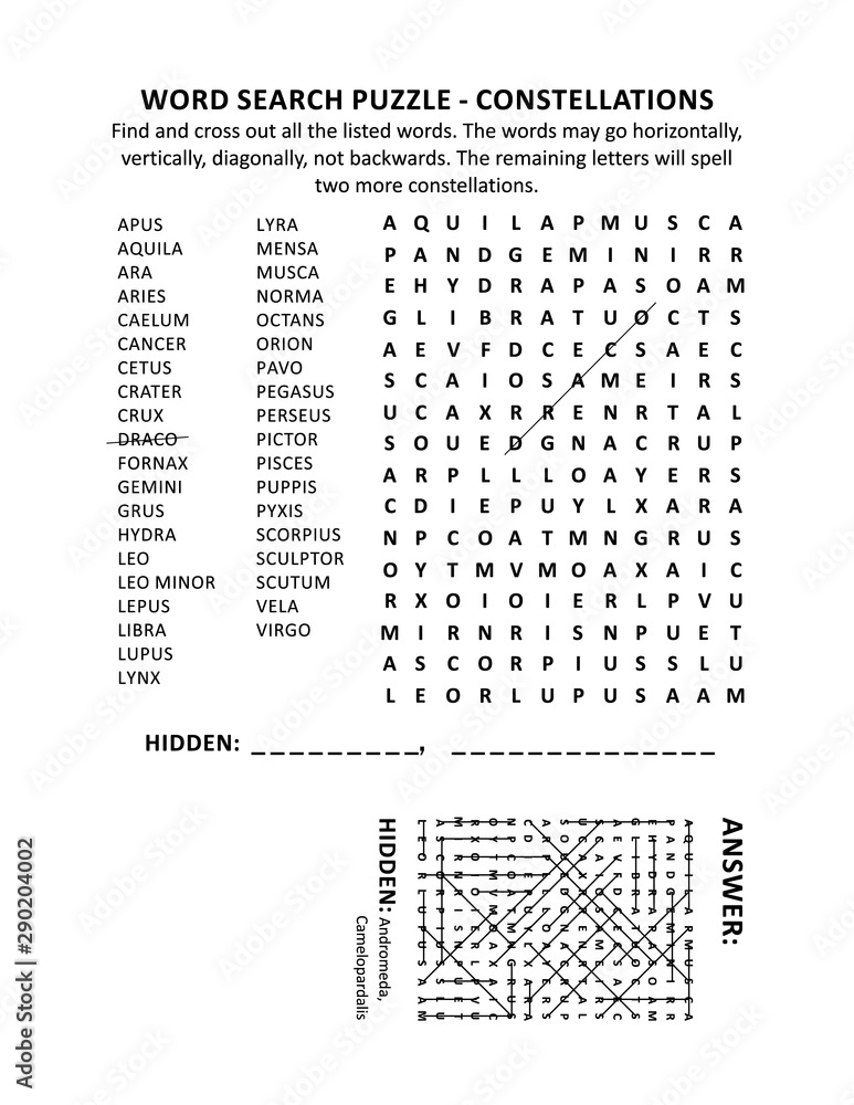 Constellations word search puzzle (suitable both for kids and adults ...