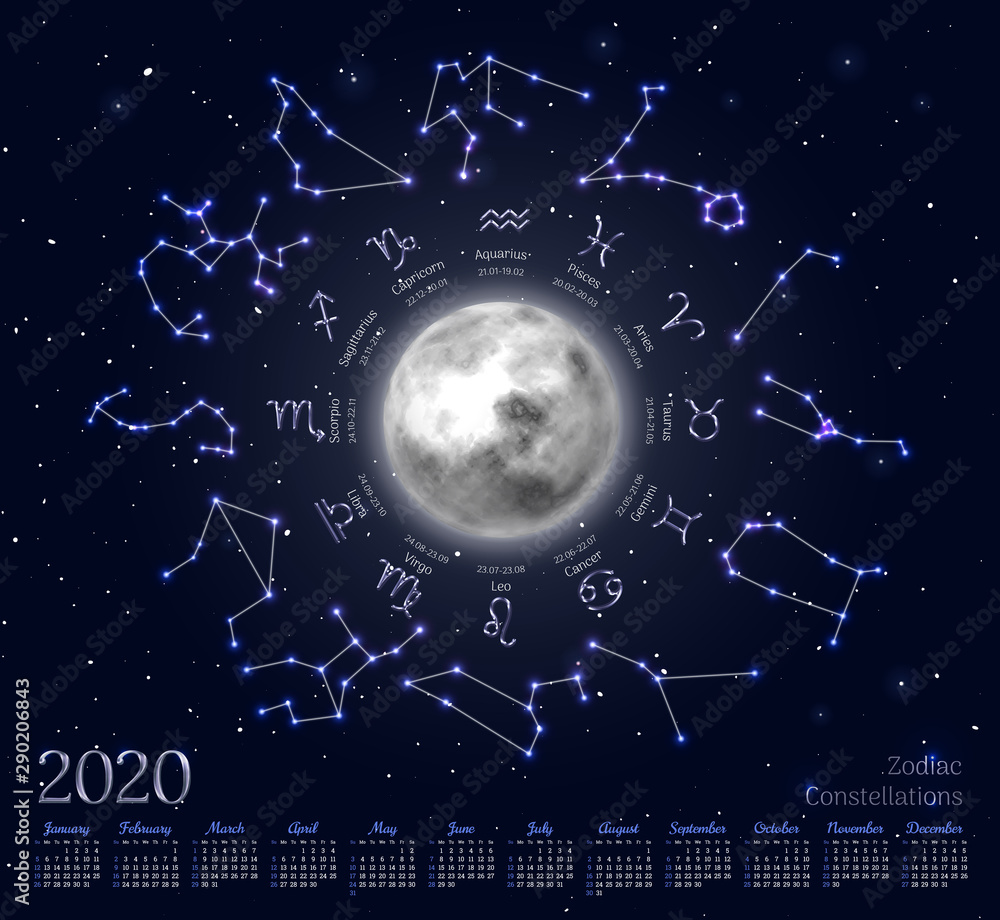Astrology calendar for 2020 year with zodiacal circle. Lighted moon ...