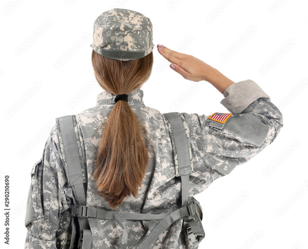 Saluting female soldier on white background, back view Stock Photo ...