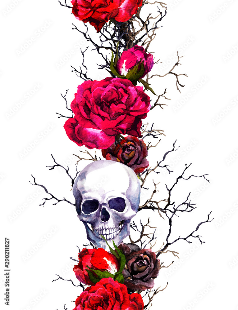 Human skulls with rose flowers, branches. Seamless border frame ...