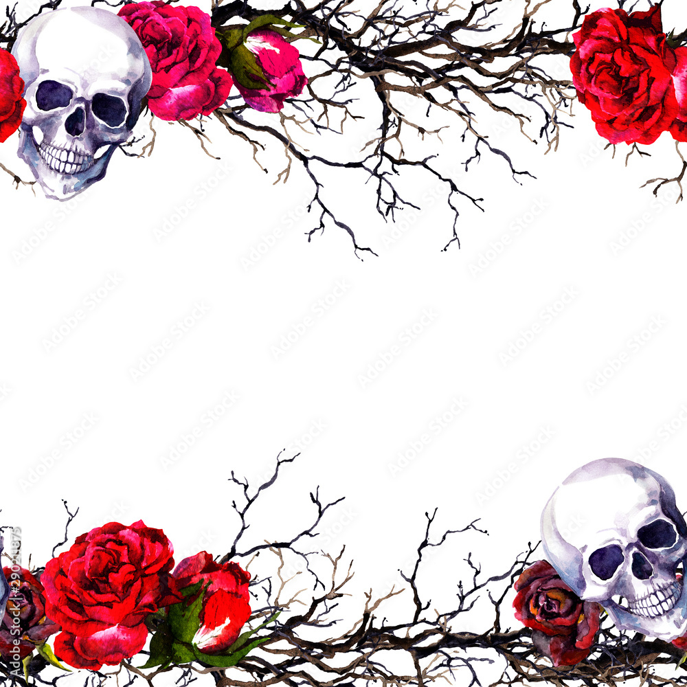 Human skulls with rose flowers, branches. Seamless border frame ...