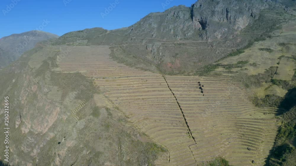 Aerial view of Inca cultivation terraces in the ruins of Pisac. Sacred ...