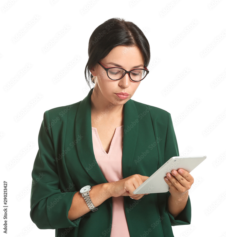 Portrait of beautiful woman with tablet computer on white background ...
