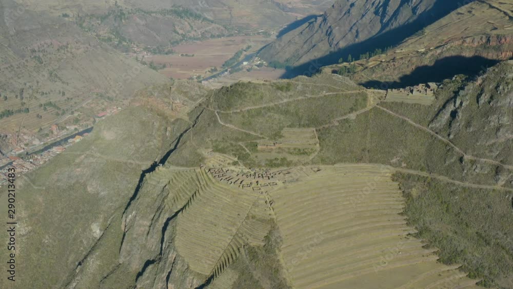 Aerial landscape of inca ruins. A fortress with temples, buildings ...