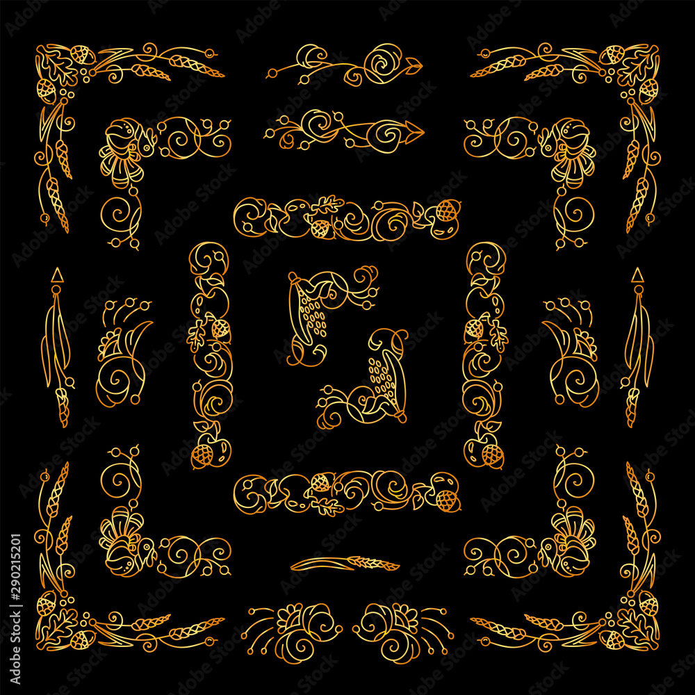 Set of golden square corners, frames. Vector elements for design ...