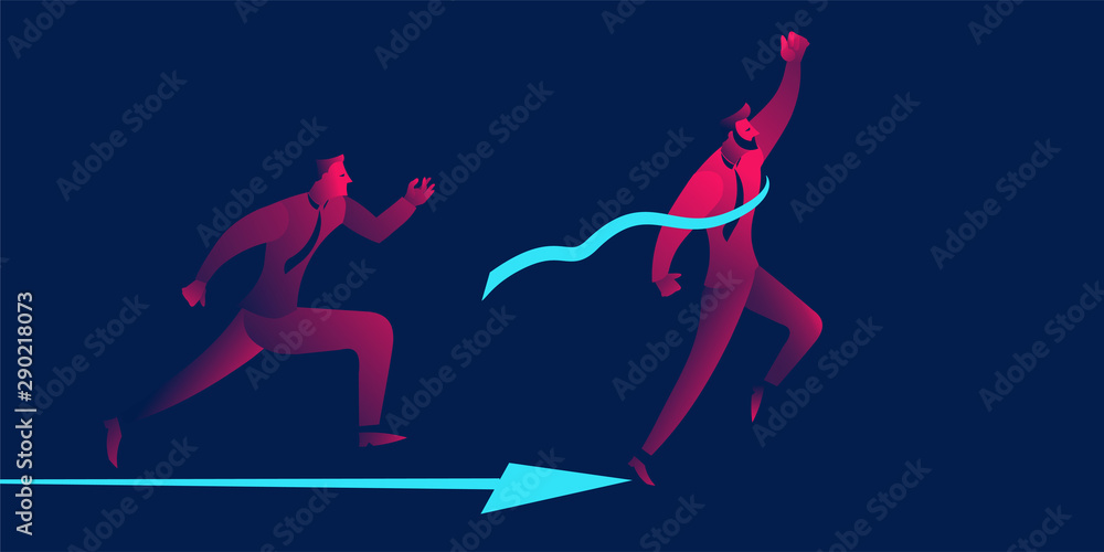 Successful young businessman winning the race, crosses the finish line ...