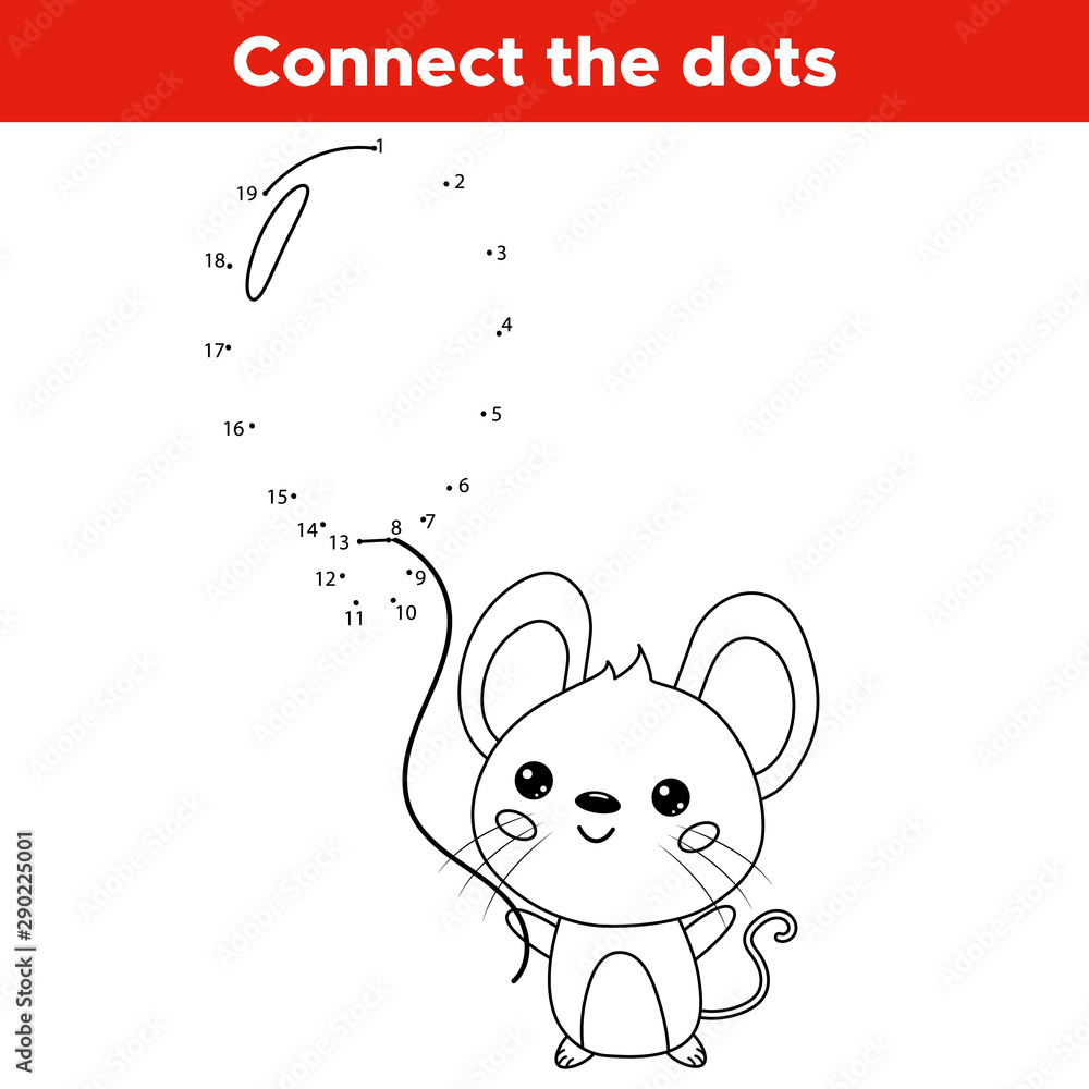 Educational connect number dot to dot game. Kawaii mouse with balloon ...