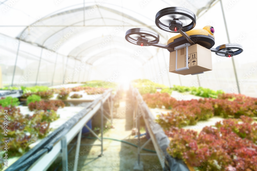 Hydroponics vegetables farming drone at indoors modern farm background ...