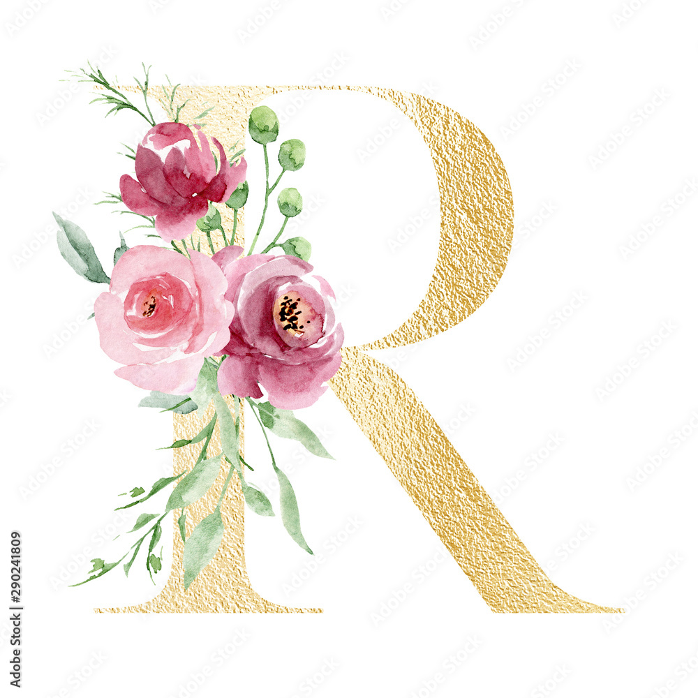 Gold alphabet, letter R with watercolor flowers and leaf. Floral ...