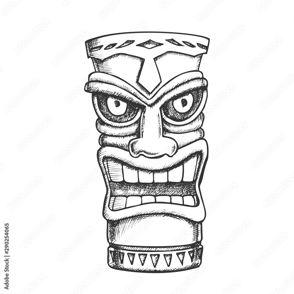 Tiki Idol Carved Wood Statue Monochrome Vector. Cultural Antique Scary ...