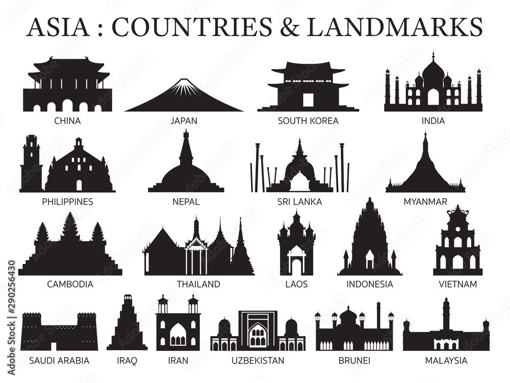Asia Countries Landmarks Silhouette Stock Vector | Adobe Stock